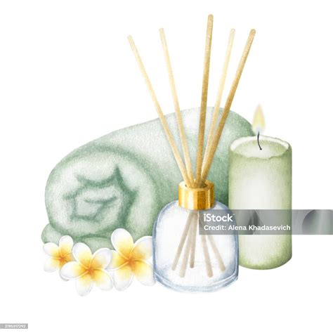 스파 타월 아로마 디퓨저 캔들 플루메리아 꽃 손으로 그린 수채화 고립 된 그림 스킨 케어 제품 Frangipani 에코 화장품 스파 디자인을 위한 바디케어용 세면도구 그리기