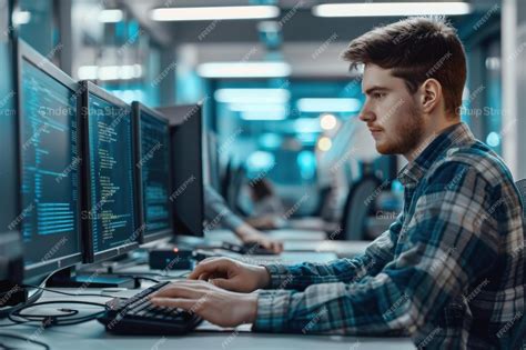 Young Caucasian Programmer Typing Code Computer Blue Green Color Scheme Software Development