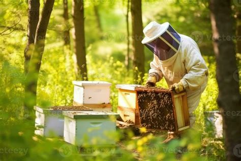 A Close Up Shot Of A Beekeeper Tending To His Beehives In A Peaceful