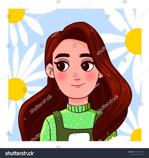 Portrait Cute Cartoon Girl Brown Hair Stock Illustration 1965990100