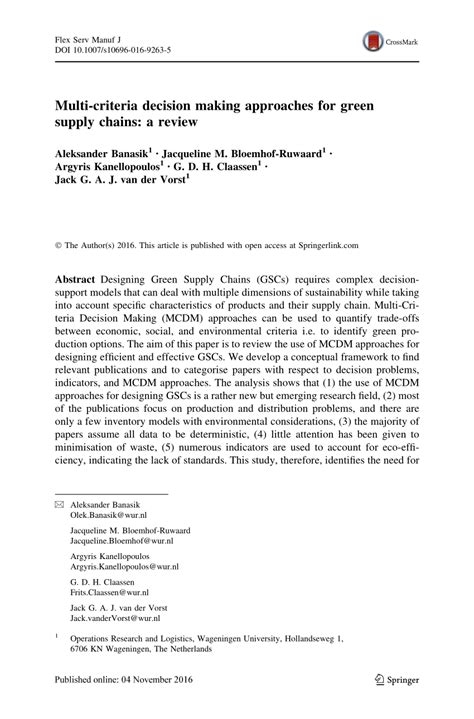 Pdf Multi Criteria Decision Making Approaches For Green Supply Chains A Review