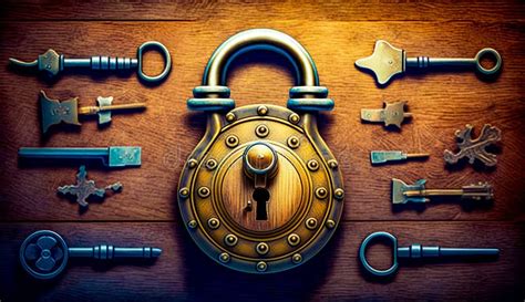 Golden Padlock On Top Of Wooden Table Filled With Different Types Of Keys Generative Ai Stock