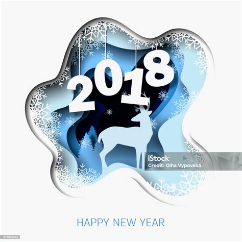 행복 한 새 해 2018 3d 추상 종이 사슴의 그림을 잘라 나무 밤에 눈 0명에 대한 스톡 벡터 아트 및 기타 이미지 0명 12월 31일 2018년 Istock