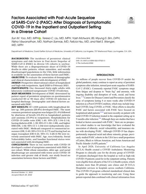Pdf Factors Associated With Post Acute Sequelae Of Sars Cov 2 Pasc After Diagnosis Of