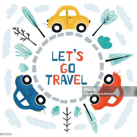 자동차와 레터링이 있는 어린이 포스터만화 스타일로 여행을 가자 어린이 방 디자인 엽서 옷 인쇄를위한 귀여운 일러스트레이션 벡터 여행 주제에 대한 스톡 벡터 아트 및 기타