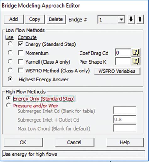 2 Hec Ras Menu For Bridge Modeling Approach With Default Options