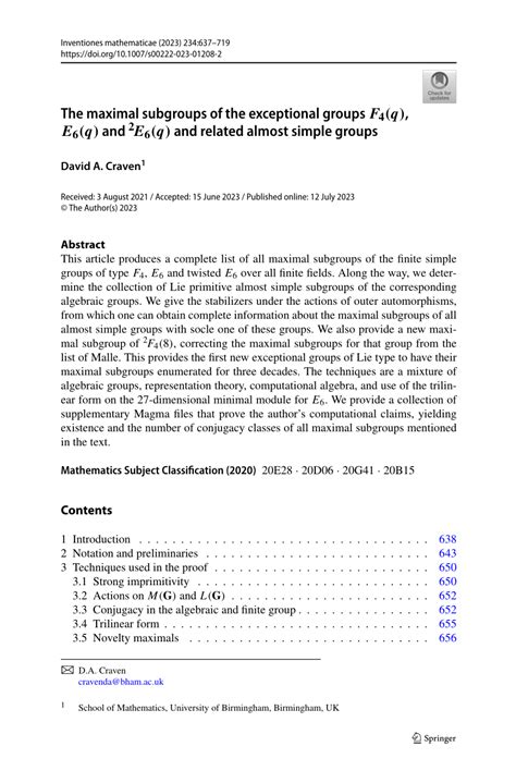 Pdf The Maximal Subgroups Of The Exceptional Groups F 4 Q E 6 Q And 2 E 6 Q