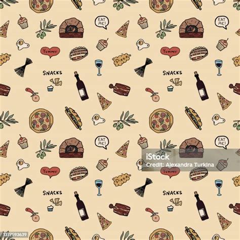 이탈리아 음식과 함께 매끄러운 패턴을 낙서합니다 손으로 그린 피자 와인 올리브 가지 등 질감에 대한 스톡 벡터 아트 및 기타 이미지 Istock