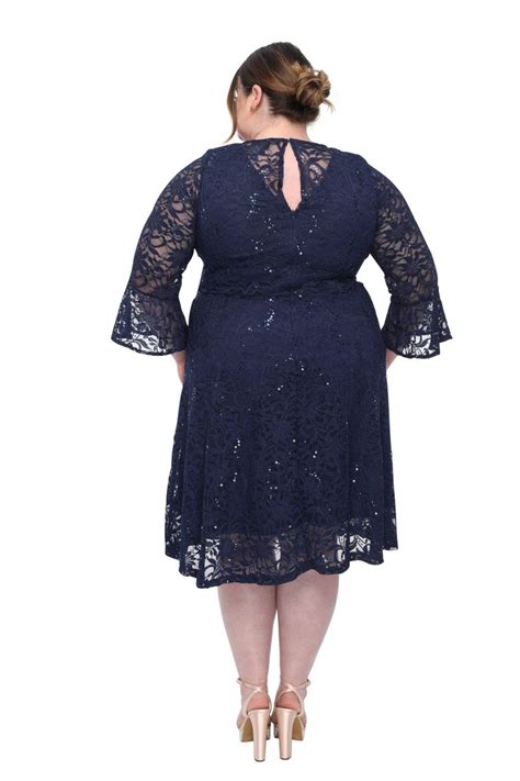 Sleektrends Plus Size Sequin Lace Bell Sleeve Fit And Flare Midi