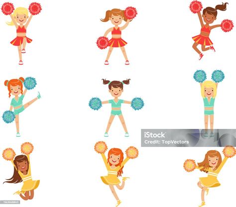 초등학교 어린 소녀 에서 치어 리더 유니폼 응원과 응원과 폼폼 세트의 행복한 아이 만화 캐릭터 노랑에 대한 스톡 벡터 아트 및 기타 이미지 Istock