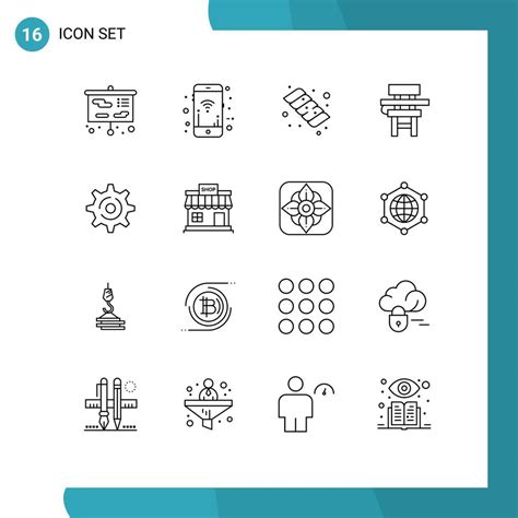 Universal Icon Symbols Group Of 16 Modern Outlines Of Gear Furniture Camping Education Class