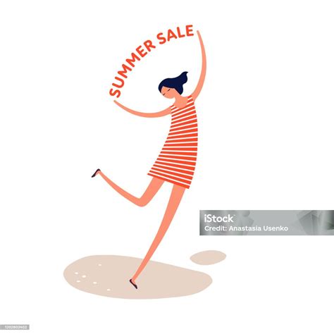 벡터 판매 여성 사람 배너 템플릿입니다 도시 테마입니다 흰색에 고립 된 판매 텍스트를 들고 짧은 드레스에 현대 스타일의 평면 여성 기쁨 여름 쇼핑 이벤트 전단지 제안