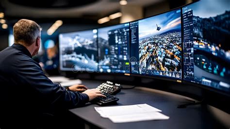 Security Analyst Monitoring City Surveillance Footage On Multiple Screens In Command Center