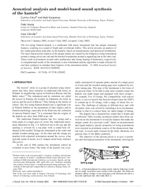 Pdf Acoustical Analysis And Model Based Sound Synthesis Of The Kantele