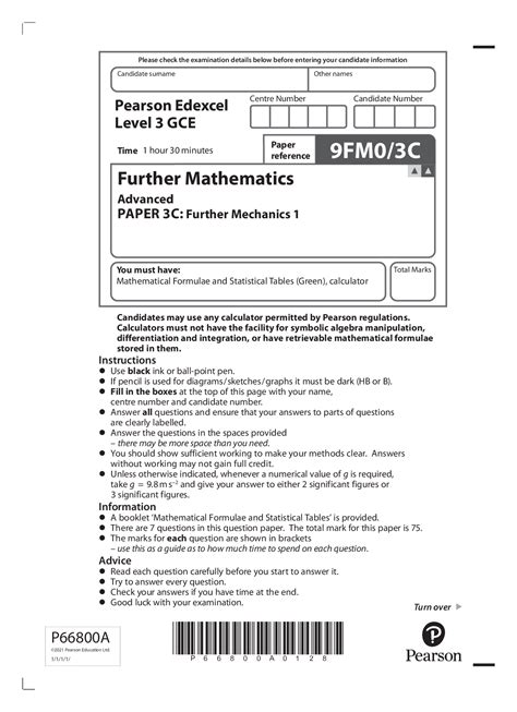 Pearson Edexcel GCE Further Mathematics Advanced Level In Further Mathematics Mechanics Paper