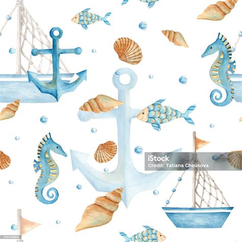 귀여운 장난감 보트 배 물고기 해마 해상 닻 조개 물방울이 있는 수채화 바다 이음매 없는 패턴 손으로 그린 그림입니다 직물 섬유 아기 옷 벽지 해양 디자인 0명에 대한 스톡