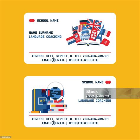 외국어 교사와 코치 벡터 명함 교육 아이콘 상징과 국가의 국기 이어폰 사전 영어 프랑스어 독일어 이탈리아어 언어 교사 개념에 대한 스톡 벡터 아트 및 기타 이미지 Istock