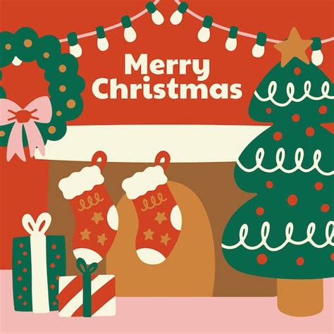 벽난로와 스타킹이 포함된 플랫 크리스마스 시즌 그림 프리미엄 벡터