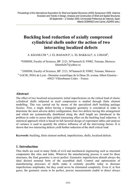 Pdf Buckling Load Reduction Of Axially Compressed Cylindrical Shells Under The Action Of Two