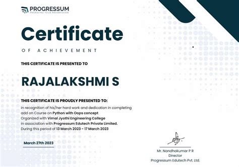 Rajalakshmi Shanmugam On Linkedin Certificate For Completing Add On Course On Python With Oops