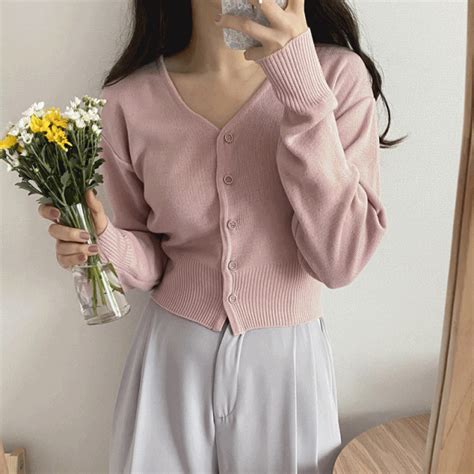 보니 슬림핏 브이넥 크롭 니트 가디건 4 Colors 에이블리