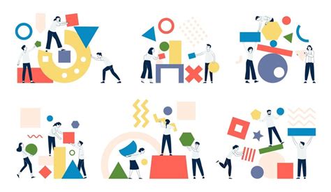 Premium Vector People Collect Colorful Geometric Shapes Team Building