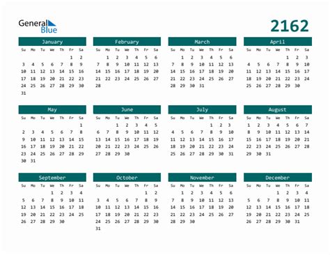 2162 Full Year Calendar