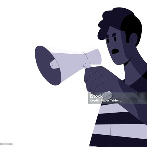 화난 연사가 손에 확성기를 들고 뿔뿔이 흩어지며 말한다 활동가 시위대가 소리를 지르며 확성기에서 불만을 표명합니다 불만 사악한