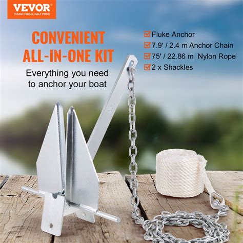 Vevor Fluke Style Anchor Kit 8 5 Lbs Hot Dipped Galvanized Steel Fluke Anchor With 7 9 Chain