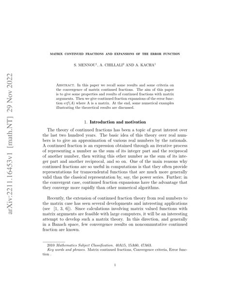 Pdf Matrix Continued Fractions And Expansions Of The Error Function