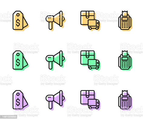설정 라인 배달 화물 트럭 달러가 있는 가격표 확성기 및 Pos 터미널 아이콘 벡터 0명에 대한 스톡 벡터 아트 및 기타 이미지