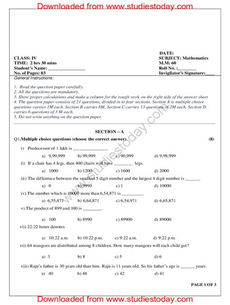 Fillable Online Cbse Class 4 Mathematics Question Paper Set B Pdf Cbse Class 4 Mathematics