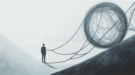 Man In Suit Pulling Heavy Chains Attached To Tangled Sphere On Abstract