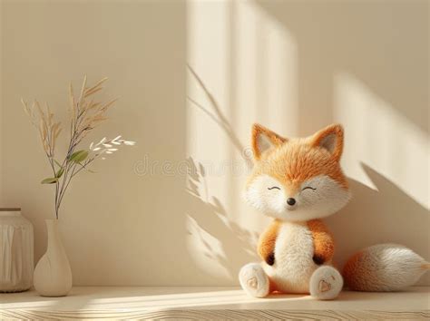 Cute Fox Plush Toy With Vase On Shelf Stock Image Image Of Playful