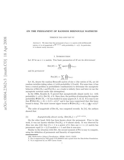 Pdf On The Permanent Of Random Bernoulli Matrices