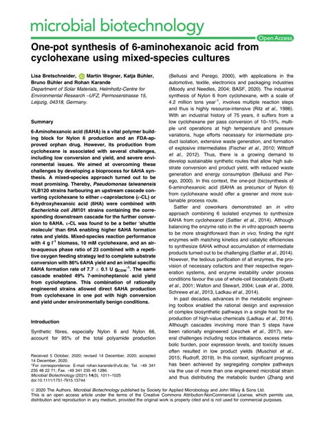 Pdf One‐pot Synthesis Of 6‐aminohexanoic Acid From Cyclohexane Using
