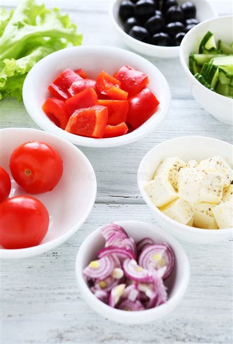 Fresh Greek Salad Ingredients Stock Image Image Of Boards Cherry