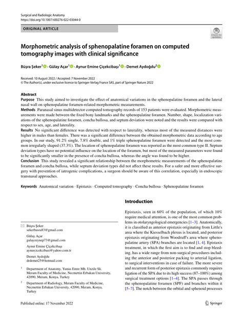 Pdf Morphometric Analysis Of Sphenopalatine Foramen On Computed Tomography Images With