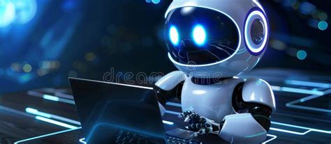 Cute Friendly Artificial Intelligence Robot Using Laptop Computer With