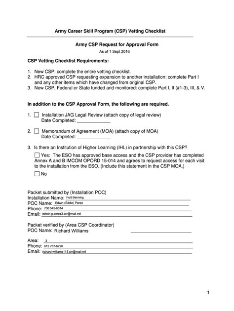 Fillable Online Army Career Skill Program CSP Vetting Checklist Fort Benning Fax Email