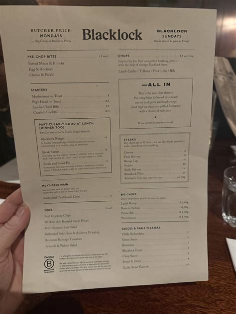 Menu At Blacklock Covent Garden Steakhouse London