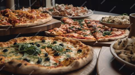 Premium Ai Image A Table Full Of Pizzas With Different Toppings