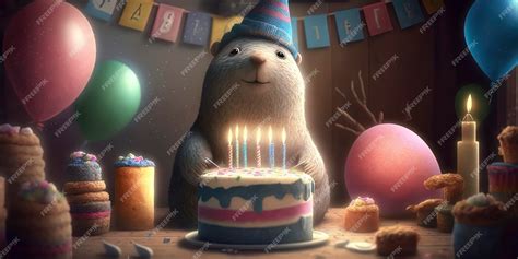 생일 파티에서 파티 모자를 쓴 마멋의 초상화와 파티 모자 풍선과 색종이 조각을 쓴 양초가 달린 야생 케이크가 있습니다 프리미엄 사진
