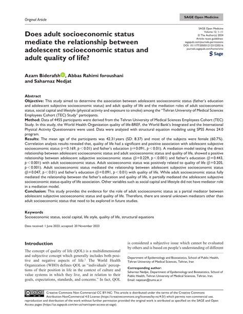 Pdf Does Adult Socioeconomic Status Mediate The Relationship Between Adolescent Socioeconomic