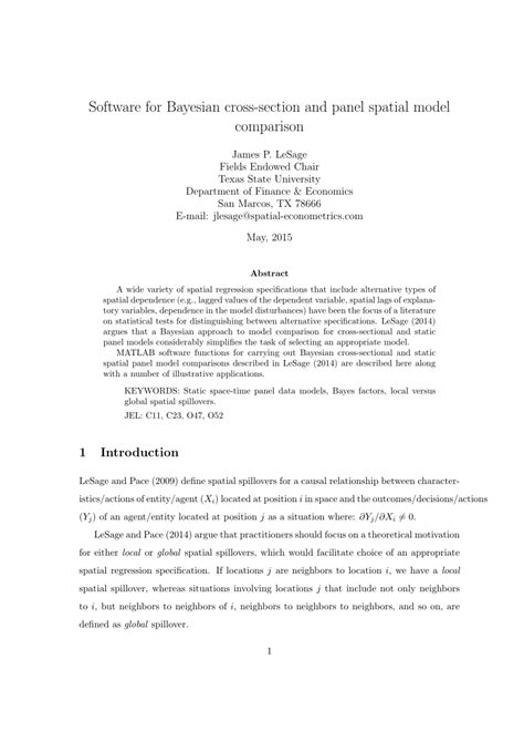 Pdf Software For Bayesian Cross Section And Panel Spatial Model Comparison