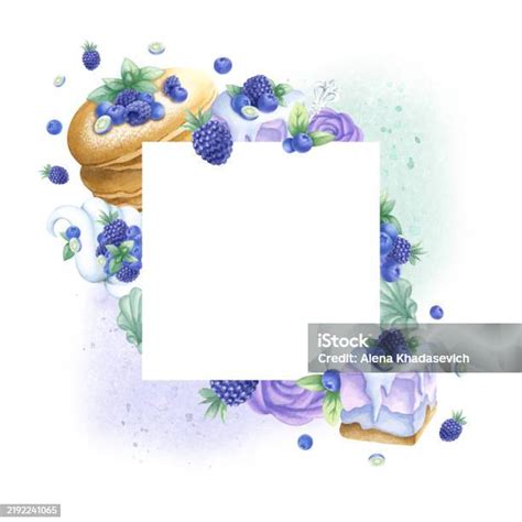 팬케이크 케이크 블루베리 블랙베리 아이스크림 마시멜로 얼룩과 튀김 손으로 그리기 수채화 고립 된 그림 정사각형 프레임 베이커리
