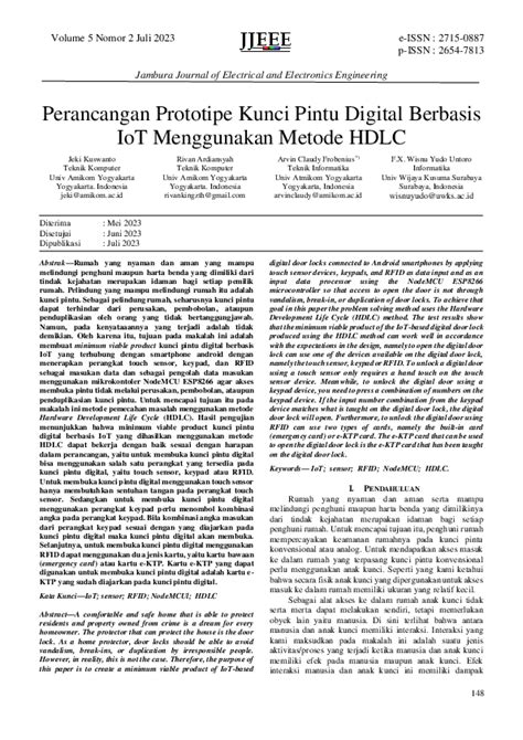 Pdf Perancangan Prototipe Kunci Pintu Digital Berbasis Iot Menggunakan Metode Hdlc F X