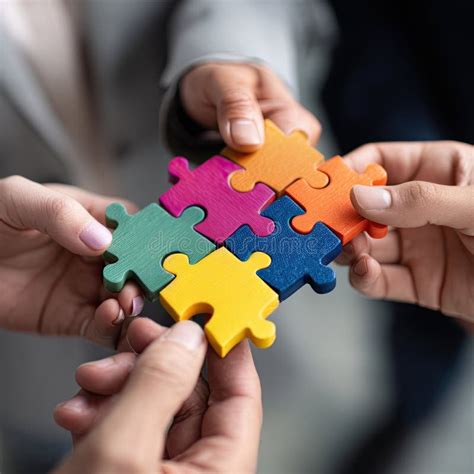 Businesspeople Joining Colorful Jigsaw Puzzle Pieces Teamwork And Collaboration Stock Image