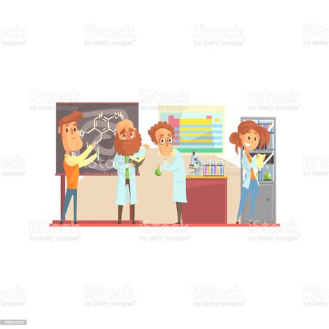 남자 과학자와 실험실 조 수 여자의 그룹 칠판 테이블 캐비닛 현미경 테스트 튜브 주기율표 연구소 인테리어 디자인 격리 된 평면 벡터 과학에 대한 스톡 벡터 아트 및 기타