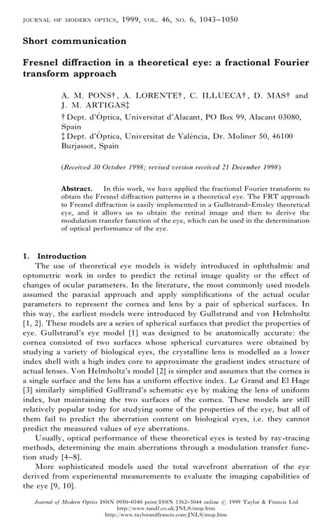 Pdf Fresnel Diffraction In A Theoretical Eye A Fractional Fourier
